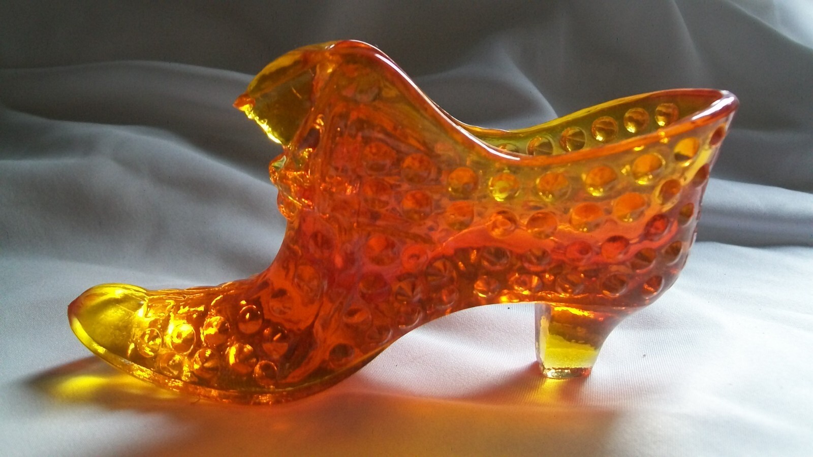 FENTON URANIUM GLASS VASELINE COUGAR ORANGE RED YELLOW HOBNAIL SHOE ...