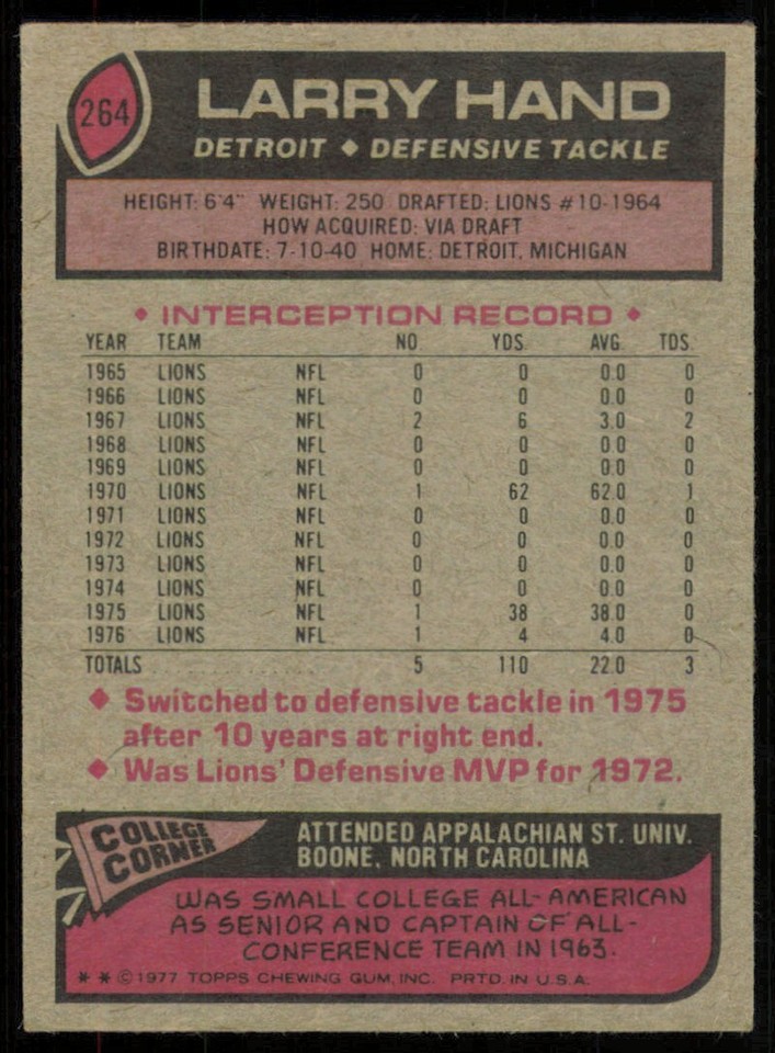 1977 TOPPS LARRY HAND DETROIT LIONS #264 VG/EX - RIGHT EDGE | eBay