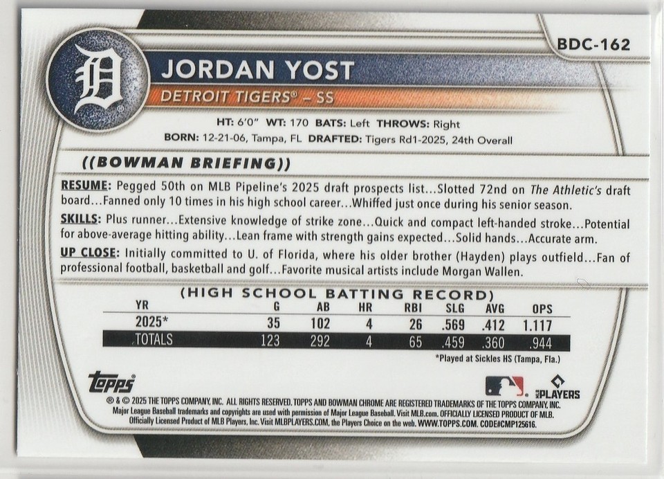2025 Bowman Draft JORDAN YOST Detroit Tigers Chrome Mojo Refractor #BDC ...