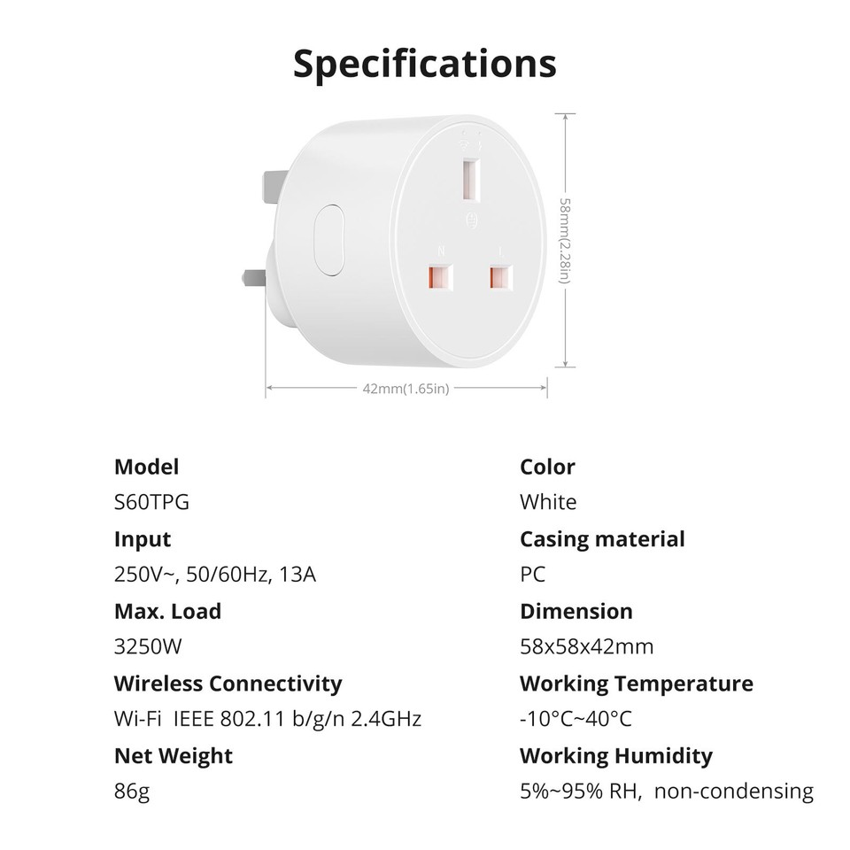 4-Pack SONOFF S60 Smart WiFi Plug 13A Type G Power Socket with Energy ...