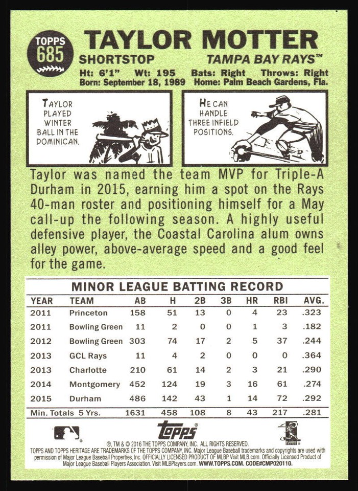 2016 Topps Heritage Taylor Motter Rookie #685 Tampa Bay Rays | eBay