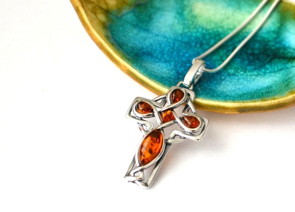 Silver Catholic cross crucifix necklace, Cross amber Necklace, jewelry ...