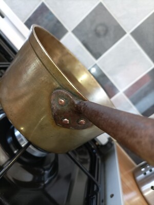 Heavy Brass Saucepan Cooking Pot Iron Handle Copper Rivets Vintage 17 ...