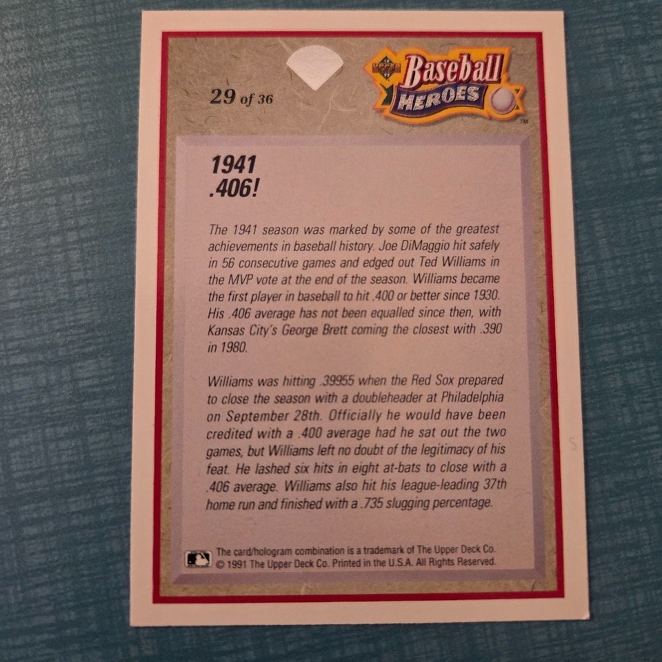 1992 Upper Deck - Baseball Heroes Ted Williams 1941 .406 Ted Williams ...
