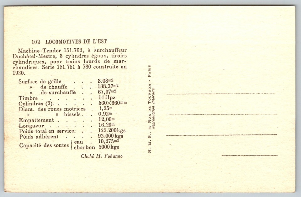 French Railroad RPPC* Postcard Machine No. 151.762 w/Specs #102 c1943 ...