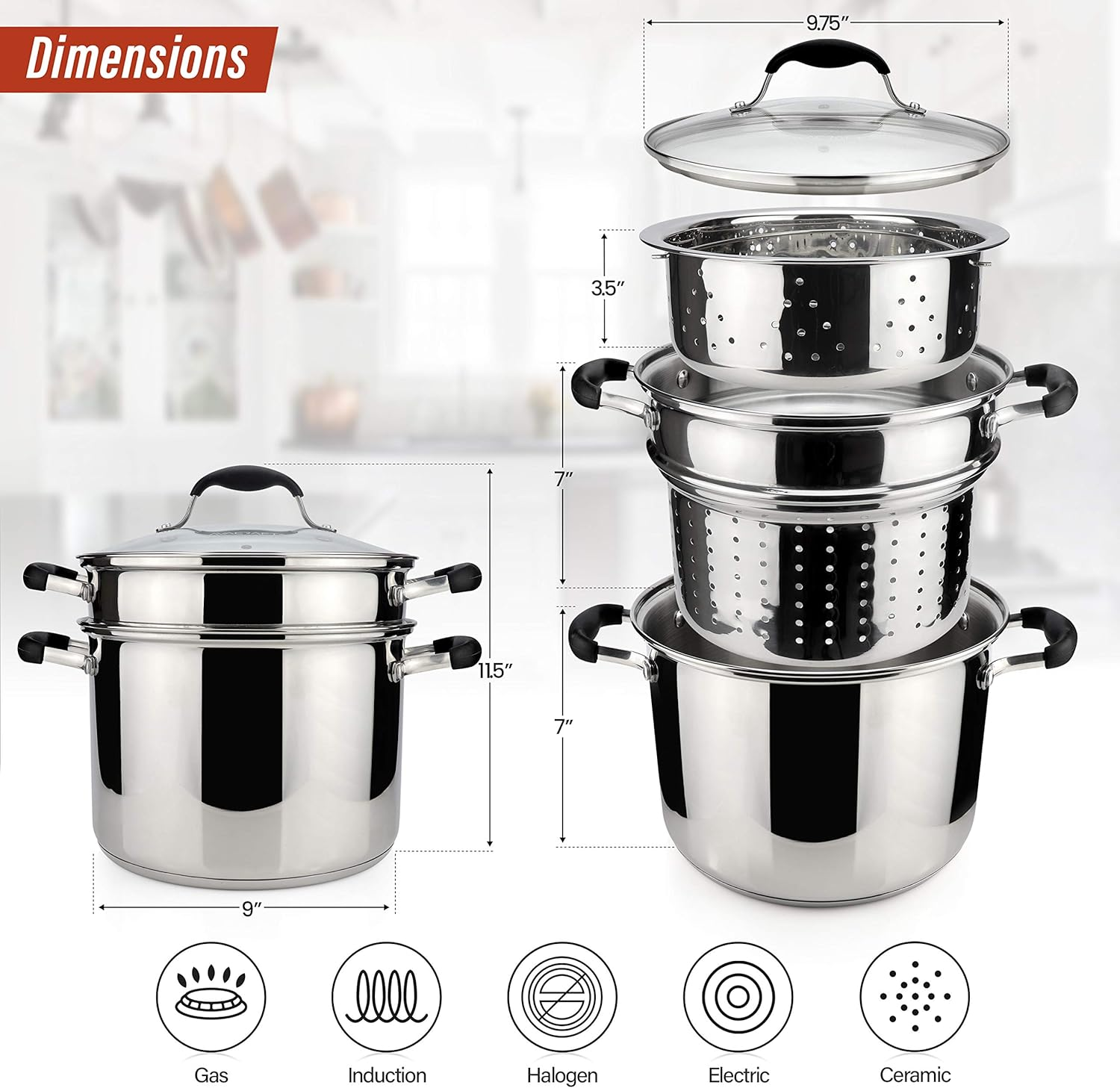 18/10 Stainless Steel, 4 Piece Pasta Pot with Strainer Insert, Stock ...