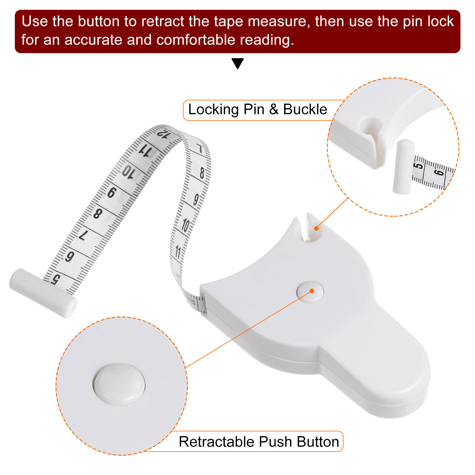 Retractable Body Measure Tape 150cm White w 60" Double Scale White Soft ...