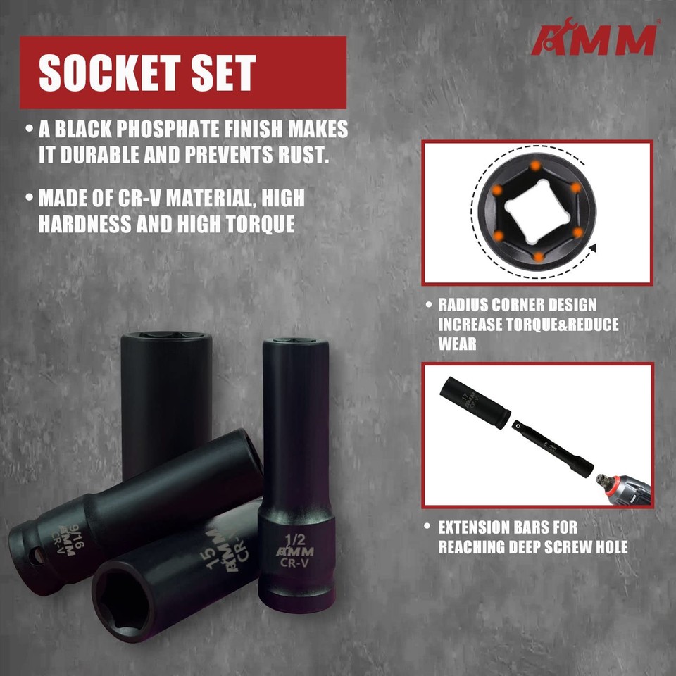 1/2" Drive Deep Impact Socket Set, 35-Piece Socket set SAE 3/8 to 1-1/4 ...