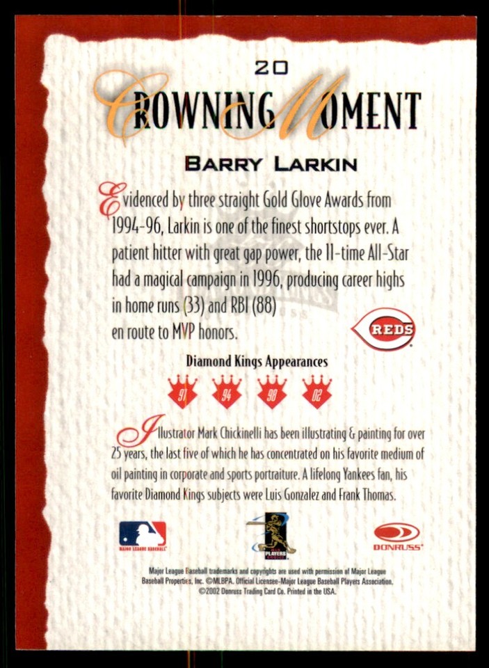 2002 Donruss Diamond Kings #20 Barry Larkin Cincinnati Reds | eBay