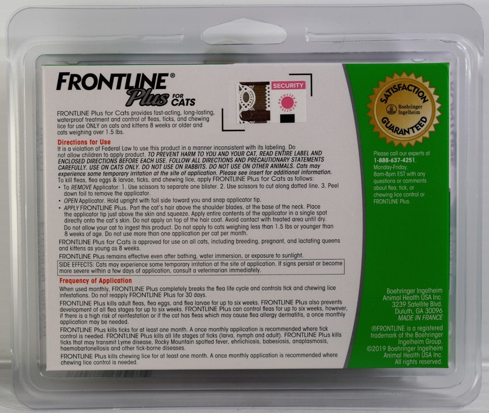 GENUINE FRONTLINE PLUS 3 Doses Flea, Tick & Lice Treatment for CATS ...