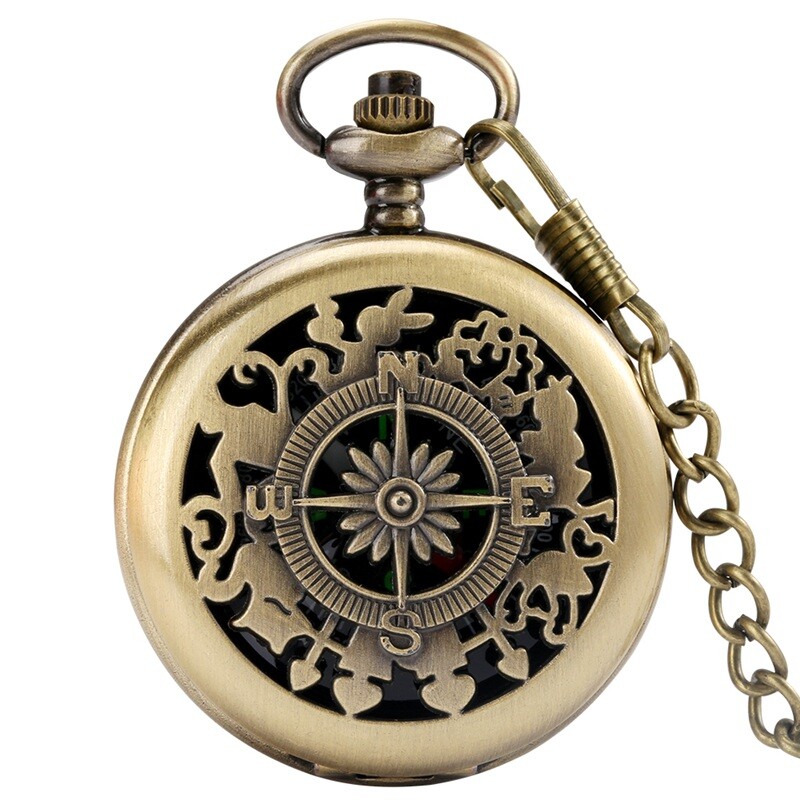 Vintage Quartz Pocket Watch Gift Golden Skeleton Compass Luxury Chain ...