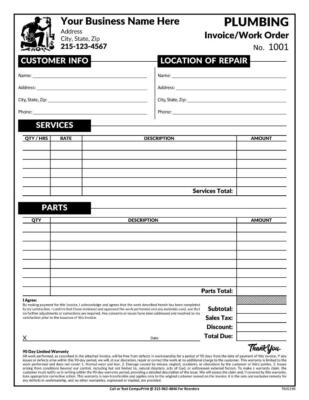 Custom Plumbing Invoice Work Order Form / 8.5 x 11 / 2 or 3 Part ...