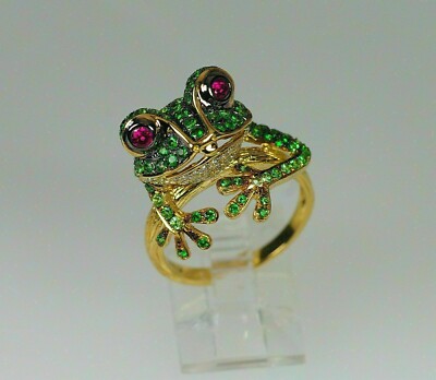 Gift 2 Ctw Lab-Created Round Cut Emerald & Ruby Frog Ring 14K Yellow ...