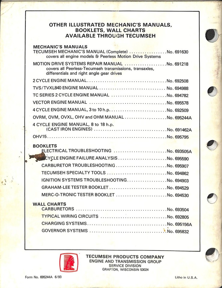 Tecumseh Engines Mechanic's Handbook Overhead Valve Engines Manual 1993 ...