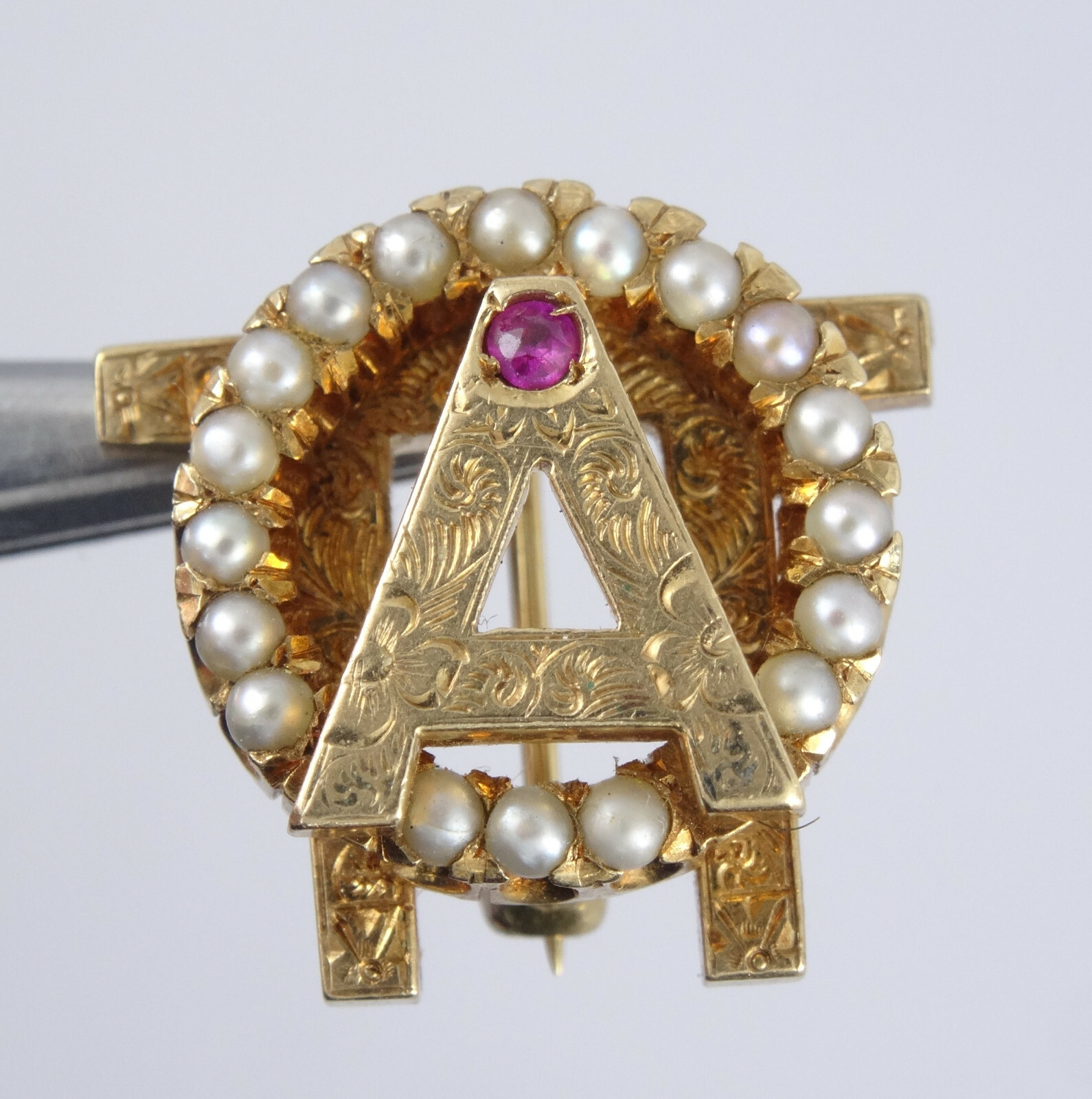 SOLID 14K GOLD ALPHA OMICRON PI SORORITY RUBY & PEARLS PIN BADGE ~ 5/8 ...