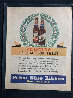 1935 PABST BLUE RIBBON PBR 11x14" Print Ad VG+ 4.5 Yuletide It's Time ...