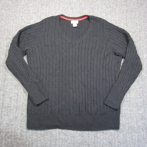 JCP Merino Sweater Women 3X Black V Neck Cable Knit Ribbed Trim ...
