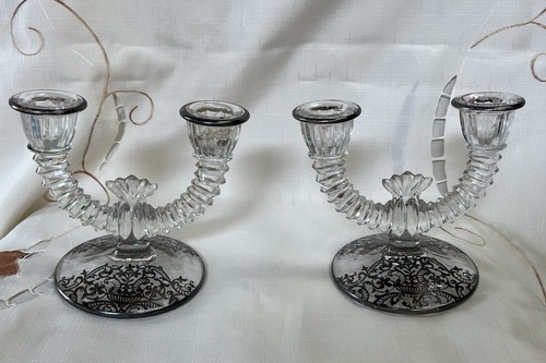 Vintage Clear Glass Double Candlesticks Set of 2 With Design on Base | eBay