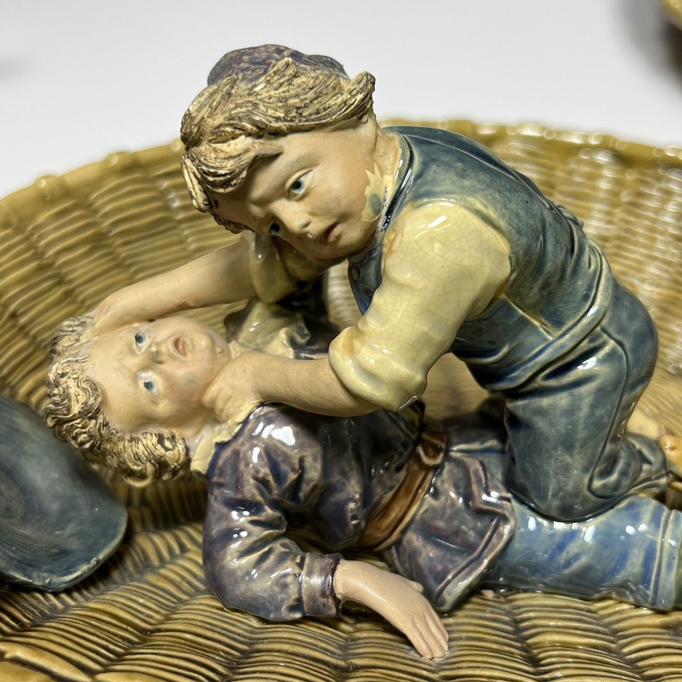 Brothers Urbach Majolica Girls Playing Boys Fighting Figures in Pottery ...