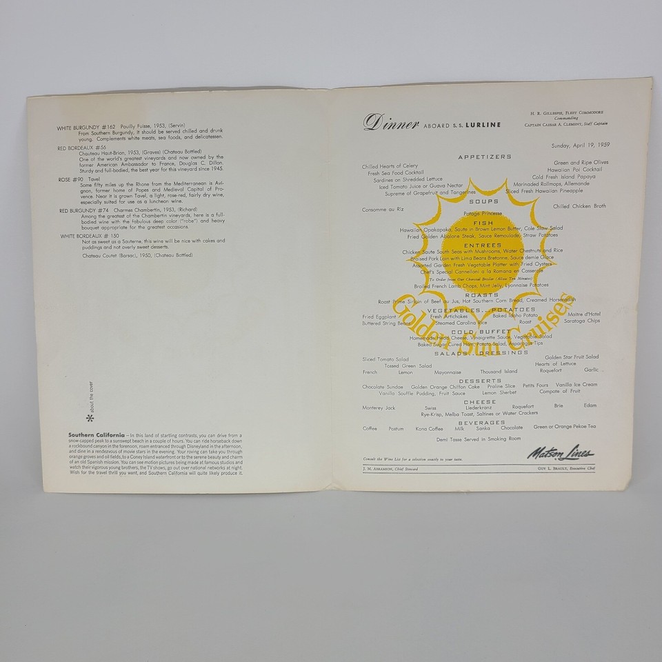 1959 Matson Line Dinner Menu SS Lurline Cruise Ship Southern California ...