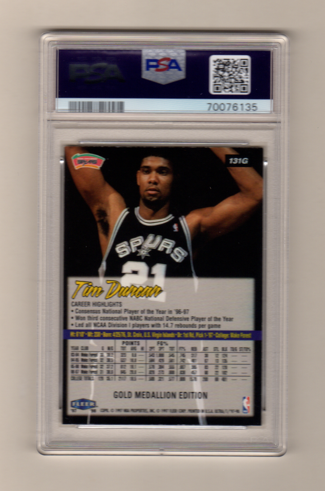 TIM DUNCAN 1997-98 FLEER ULTRA GOLD MEDALLION SP ROOKIE RC NEW PSA 8 NM ...