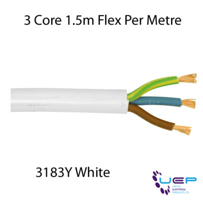 3183Y 13 AMP Electrical Cable White Round Mains Wire Flex 1.5mm 3 Core ...