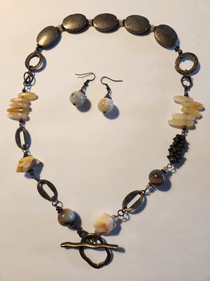Ivory/Metal Gemstone 13 inch Necklace with Bronze accents with earrings ...
