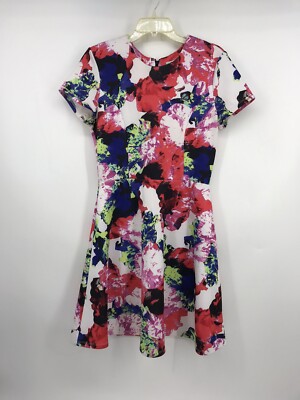 Milly Design Nation Midi Dress Floral Colorful Fit & Flare Short Sleeve ...
