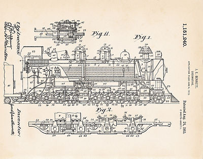 Train Pics Steam Engines Locomotive Patent Drawings Art Prints Railfan ...