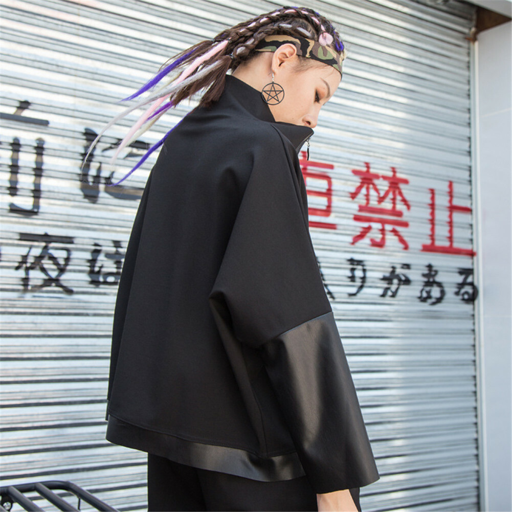 Fashion Korean Womens Leather Patchwork Jackets Vintage Turtleneck ...