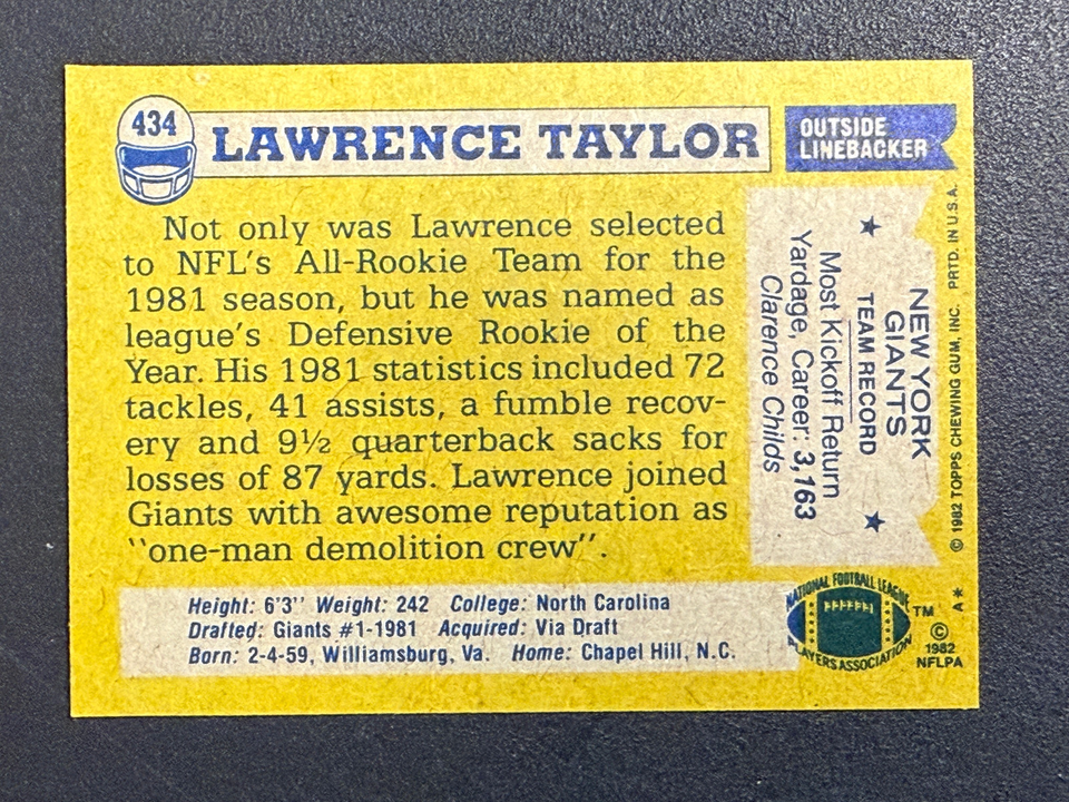 1982 Topps #434 Lawrence Taylor Rookie NM. New York Giants | eBay