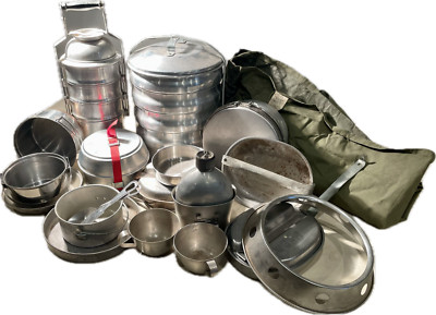 Vintage Army Camping Cook Set Mess Kit Pots Pans Plates, With Army Bag ...