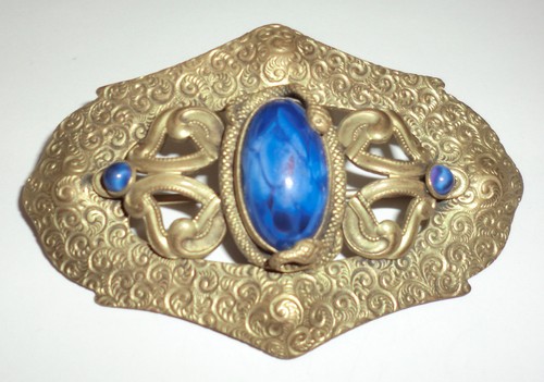 Large Vintage Brass Snake Serpent Blue Art Glass Stone Victorian Sash ...