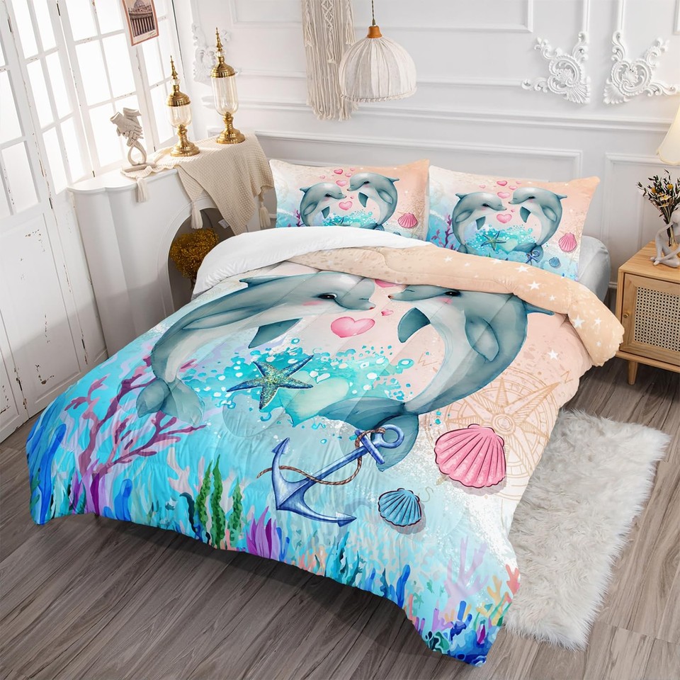 Dolphin Comforter Set Full Size, Kawaii Jumping Dolphin Bedding Set for ...