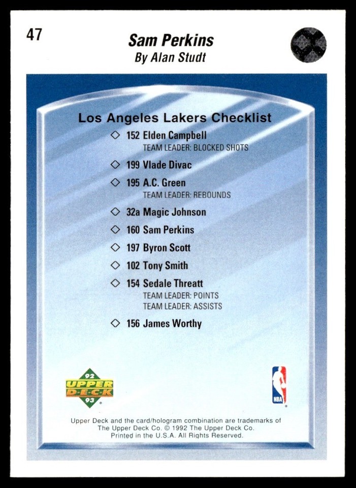 1992-93 Upper Deck Sam Perkins Los Angeles Lakers #47 | eBay