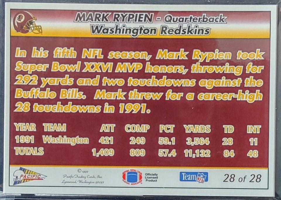 1992 Pacific Triple Folder Mark Rypien #28 of 28 Washington Redskins | eBay