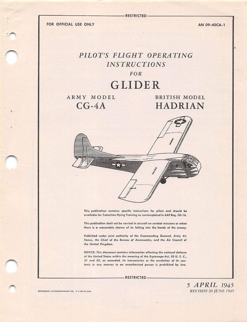 1945 AAF WACO CG-4A CARGO GLIDER PILOTS FLIGHT MANUAL AIRCRAFT HANDBOOK ...