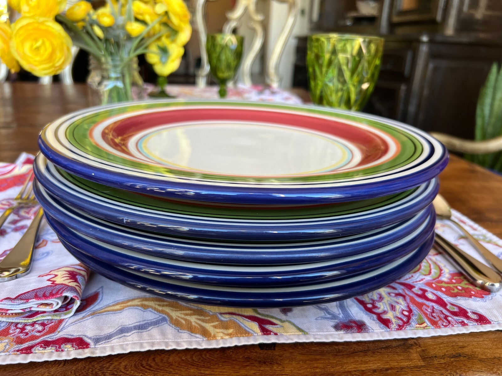 SET of 5 Pottery Barn ESPADRILLE Striped 12.5" Dinner Plates Dinnerware ...