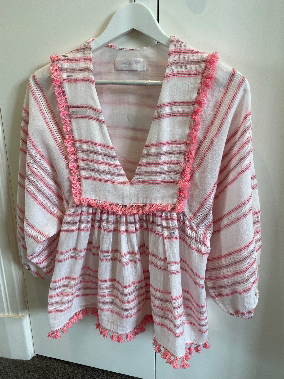 Zimmermann Neon Pink White Stripe Fringe Tassel Boho … - Gem
