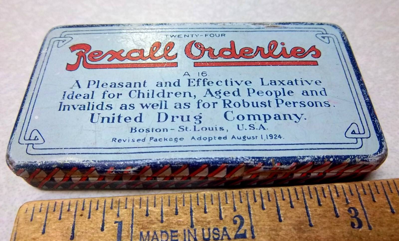 Vintage Rexall Orderlies laxative tin, (empty), great graphics & colors ...