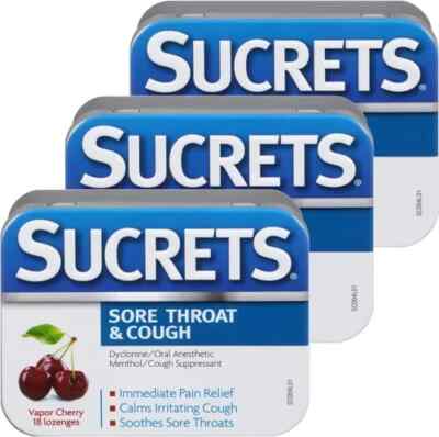 SUCRETS Vapor Cherry Sore Throat & COUGH Lozenges 18ct Tin ( 3 pack ...