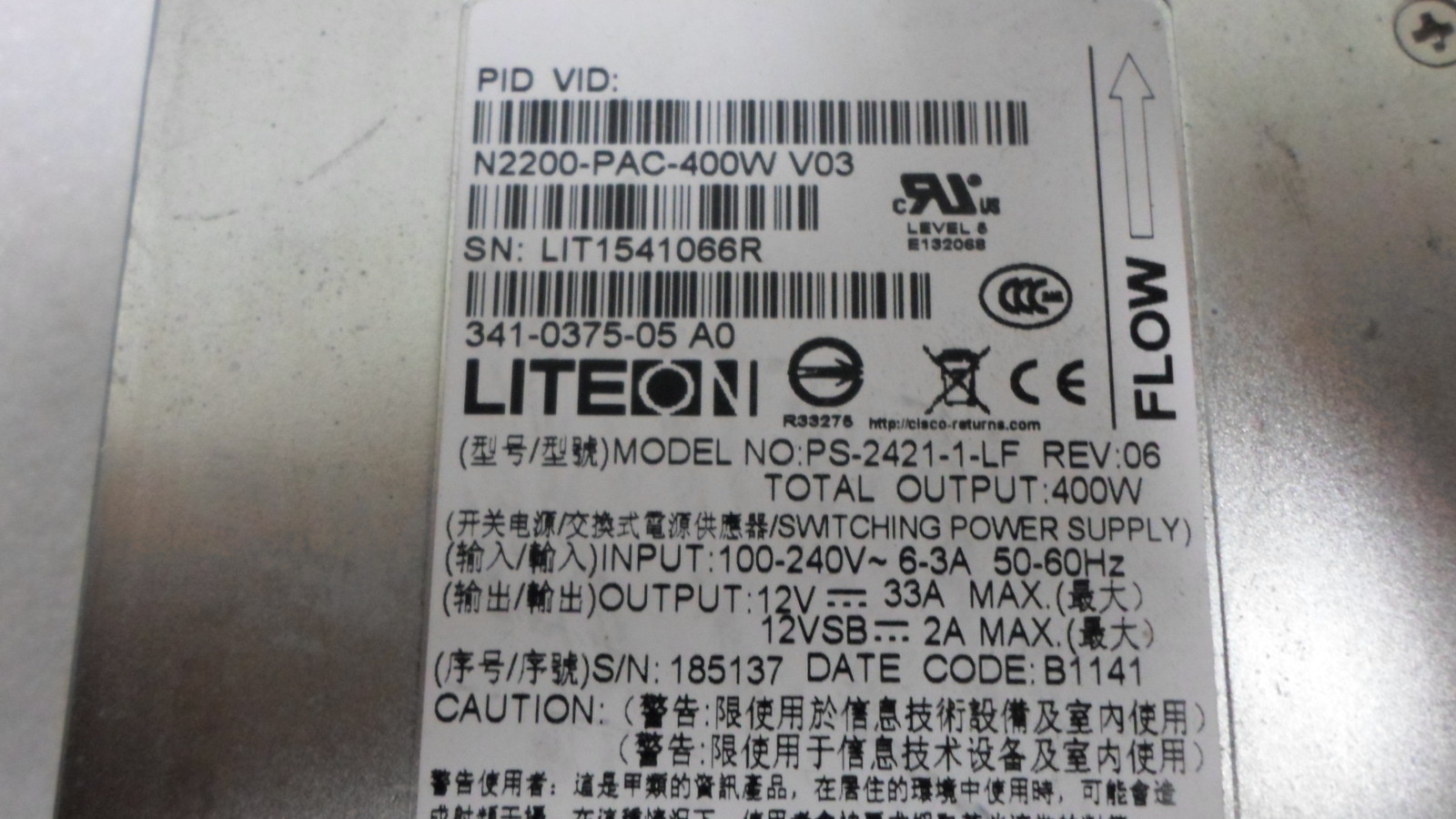 LiteOn Cisco N2200-PAC-400W V03 341-0375-05 PS-2421-1-LF 400W Power ...