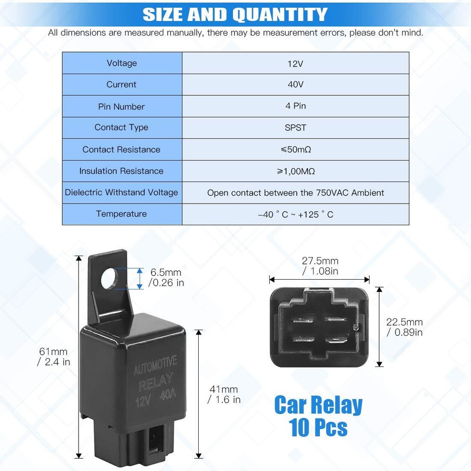 Glarks 10 Pack DC 12V 40 Amp 4-Pin SPST Electrical Relays Switch for ...