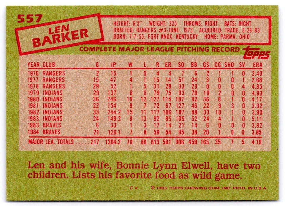 LEN BARKER 1985 TOPPS 85 NO 557 NRMINT+ 33452 | eBay