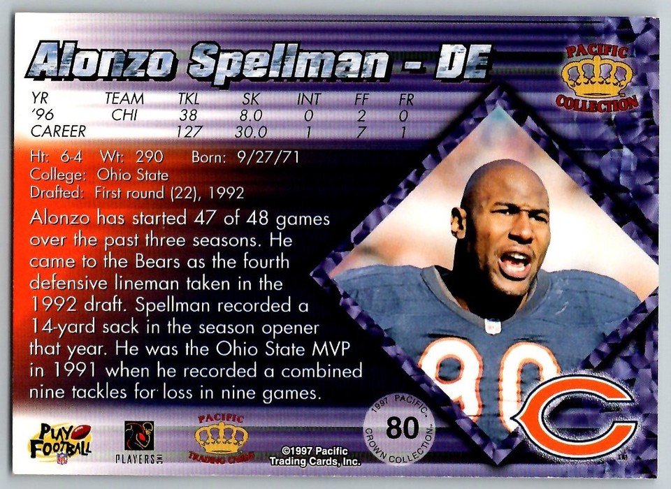 1997 PACIFIC ALONZO SPELLMAN CHICAGO BEARS #80 | eBay