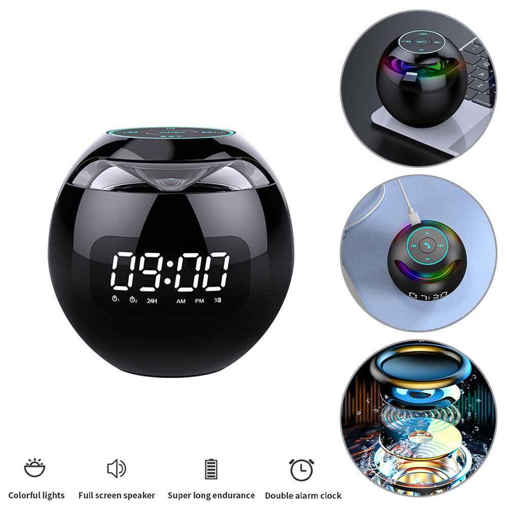 Digital LED Alarm Clock TF Radio Bluetooth Speaker Round Bedside Night ...