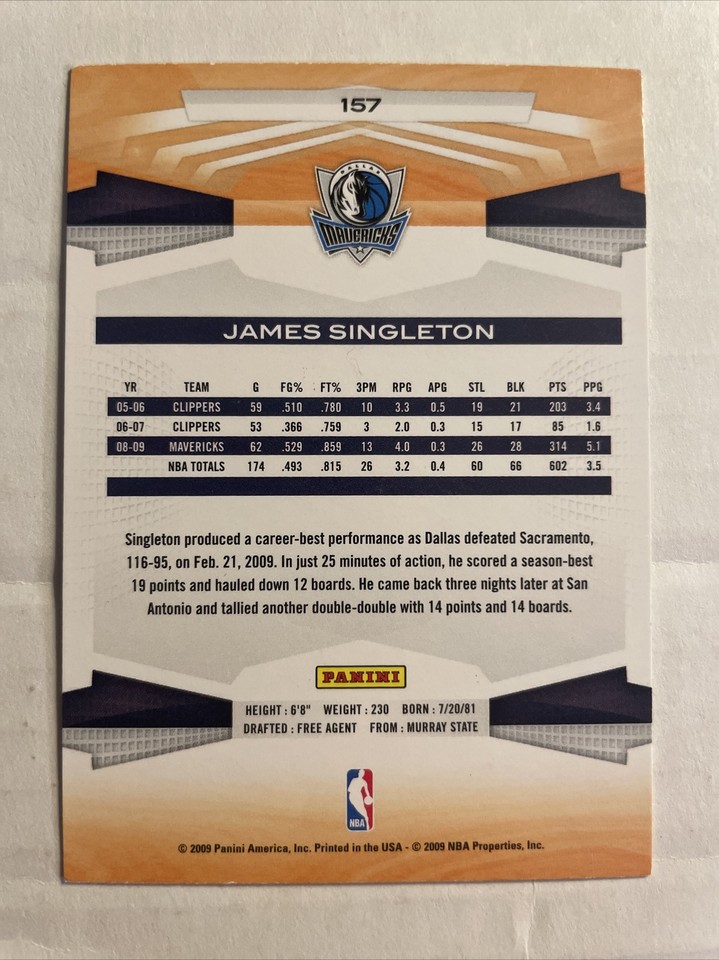 2009 Panini James Singleton Autographed Card Dallas Mavericks #157 ...