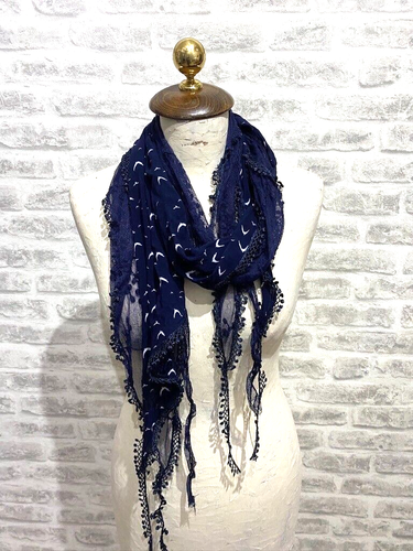 Boho arty ragged pixie scarf lace with bird motif navy oblong S147 | eBay