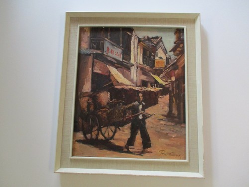 VINTAGE CHINESE OIL PAINTING IMPRESSIONIST VILLAGE WAGON LANDSCAPE ...
