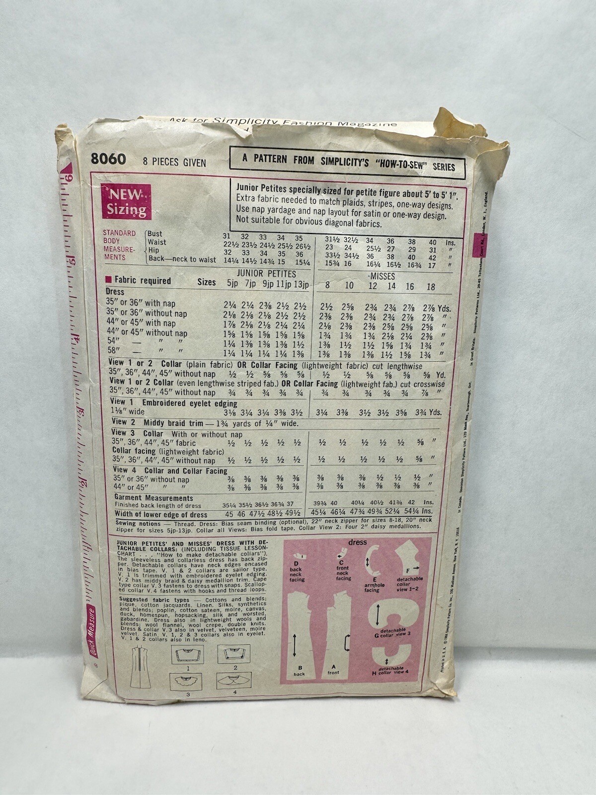 Simplicity 8060 Misses Dress Collar Options Sewing Pattern Size 14 Bust ...